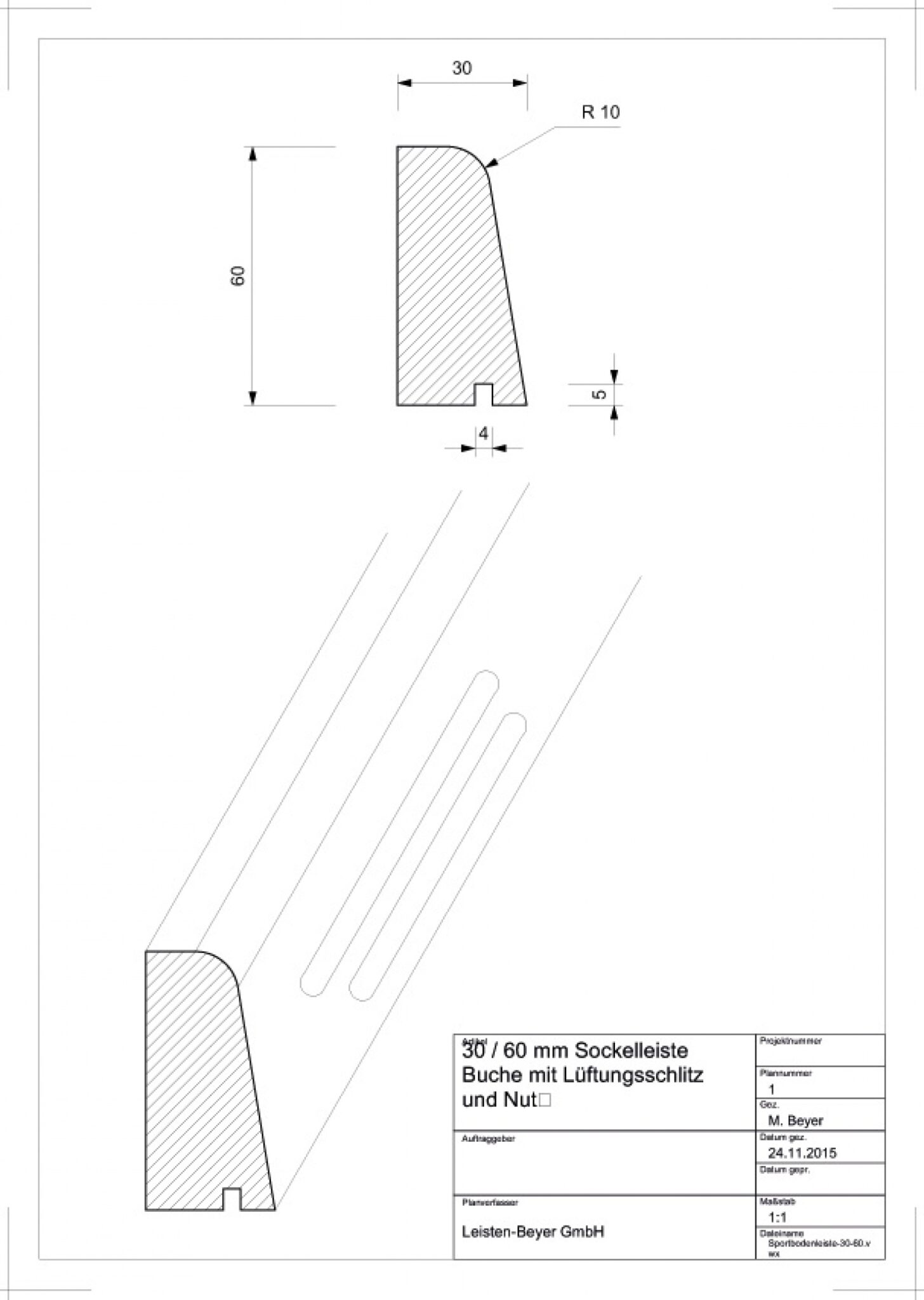30 mm x 60 mm Sportbodenleiste Buche · Leistenwerk Schorfheide GmbH